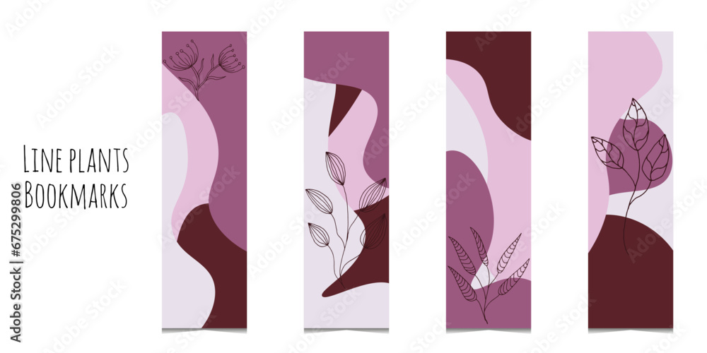 Set of 4 bookmarks with pink colors waves and decorative plants ...