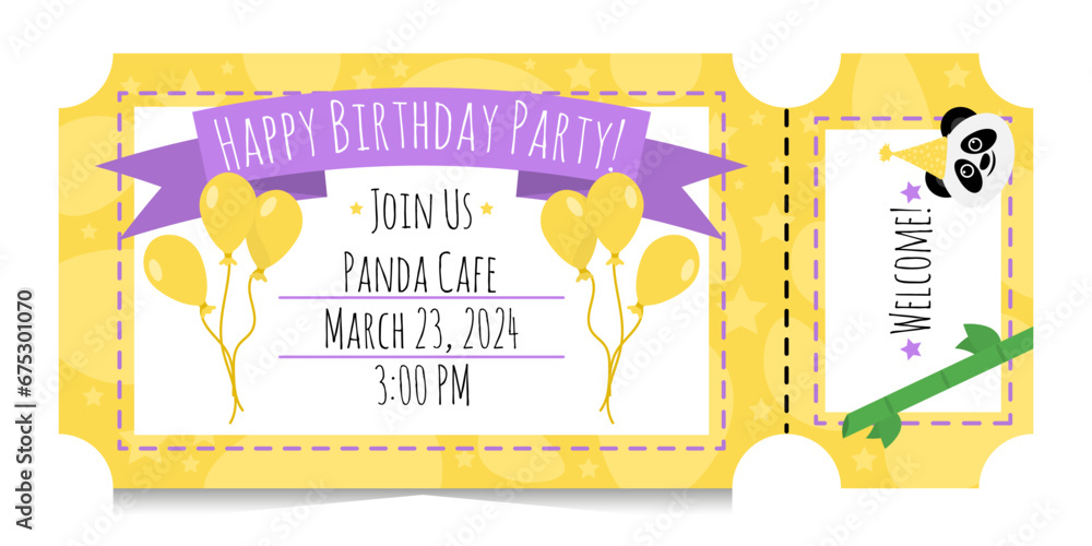 Vecteur Stock Kid's happy birthday party tickets with cartoon panda ...