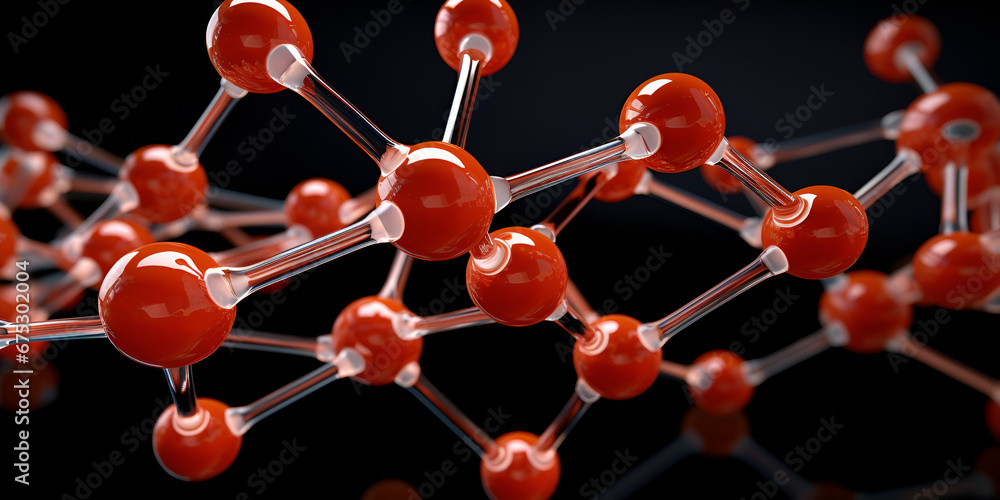 Red molecules on the black background, AI Generative. Mono single amino ...