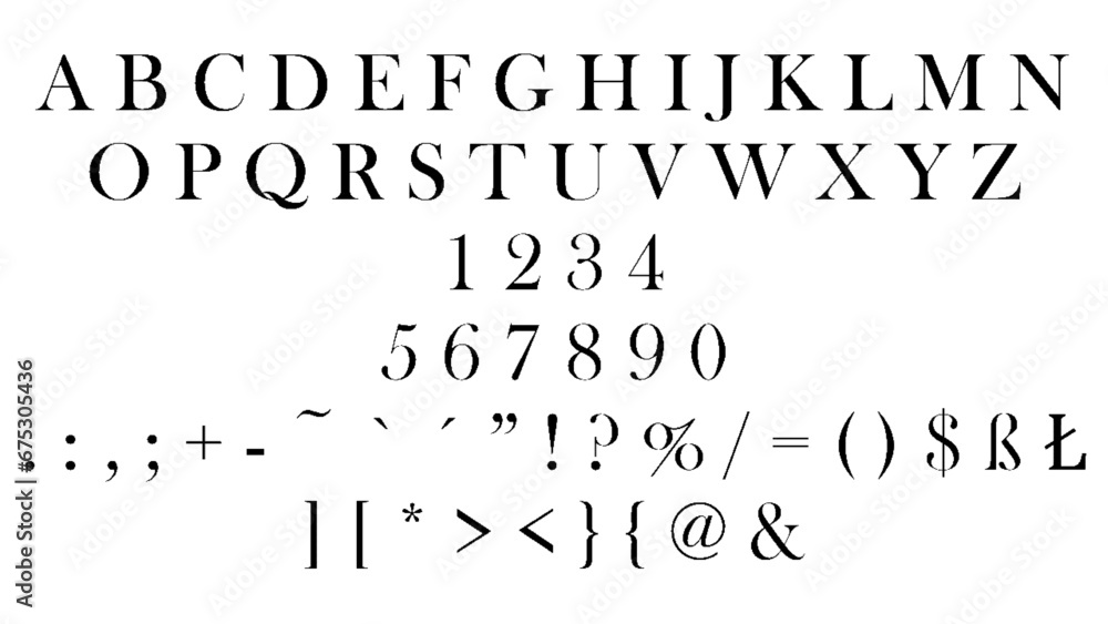 Vecteur Stock Full English alphabet with numbers and punctuation marks ...