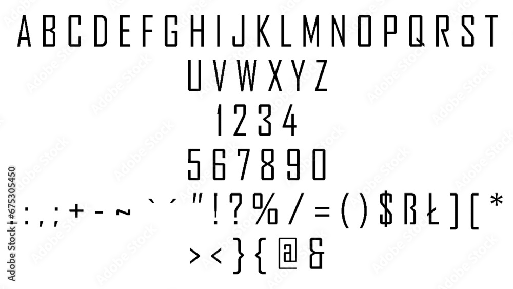 Full English alphabet with numbers and punctuation marks. Black letters ...