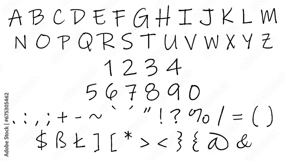 Full English alphabet with numbers and punctuation marks. Black letters ...