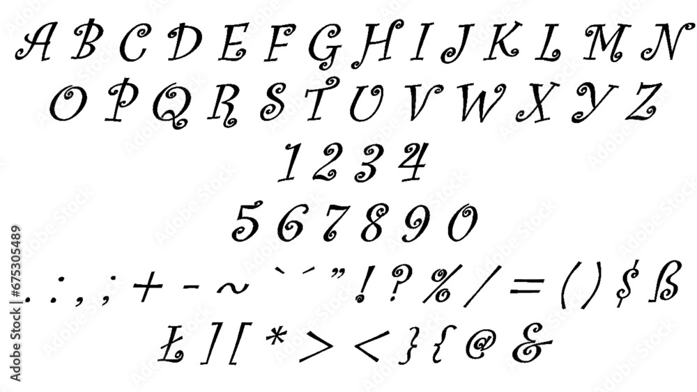 Full English alphabet with numbers and punctuation marks. Black letters ...