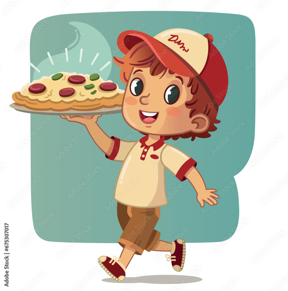 Vector illustration of a teenage boy carrying a pizza. Pizza delivery ...