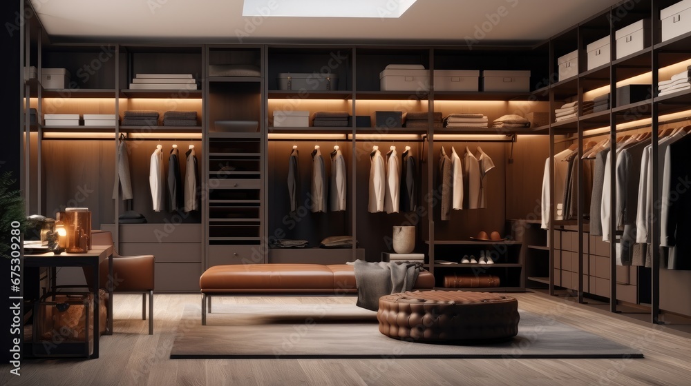 Minimalist dressing room interior design in dark gray, brown with ...