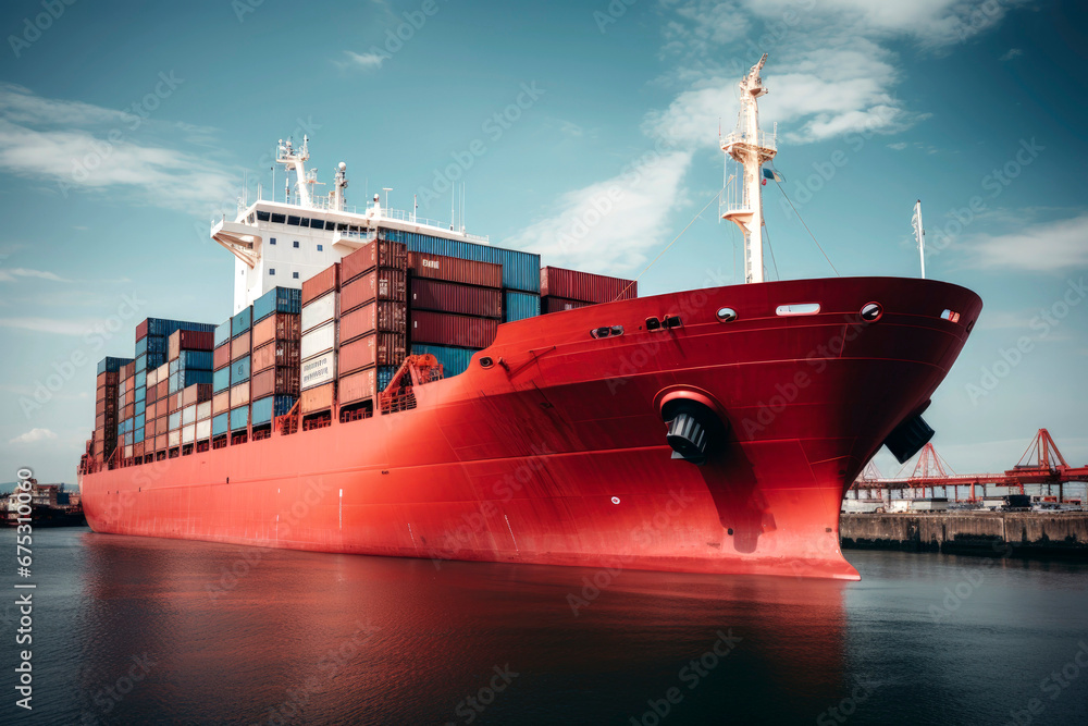 Generative AI illustration of red container ship fully loaded rests at ...