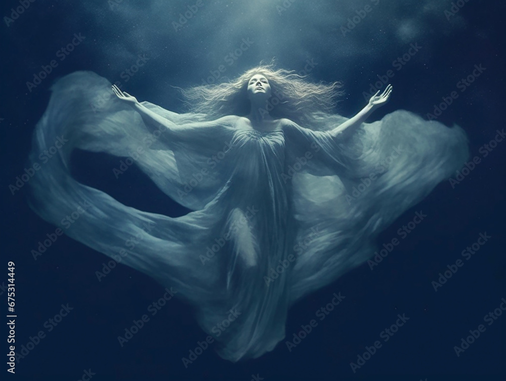 The figure of a female ghost flying into the starry night sky. Spirit ...