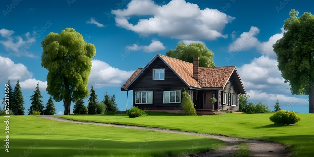 beautiful house with green lawn with nice grass. house in the field ...