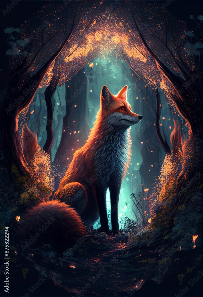 AI generated illustration of a red fox in a forest at night with ...