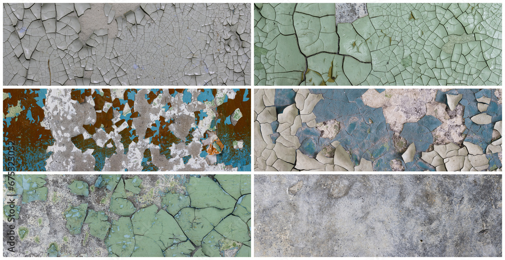 Set of peeling paint textures. Old concrete walls with cracked flaking ...