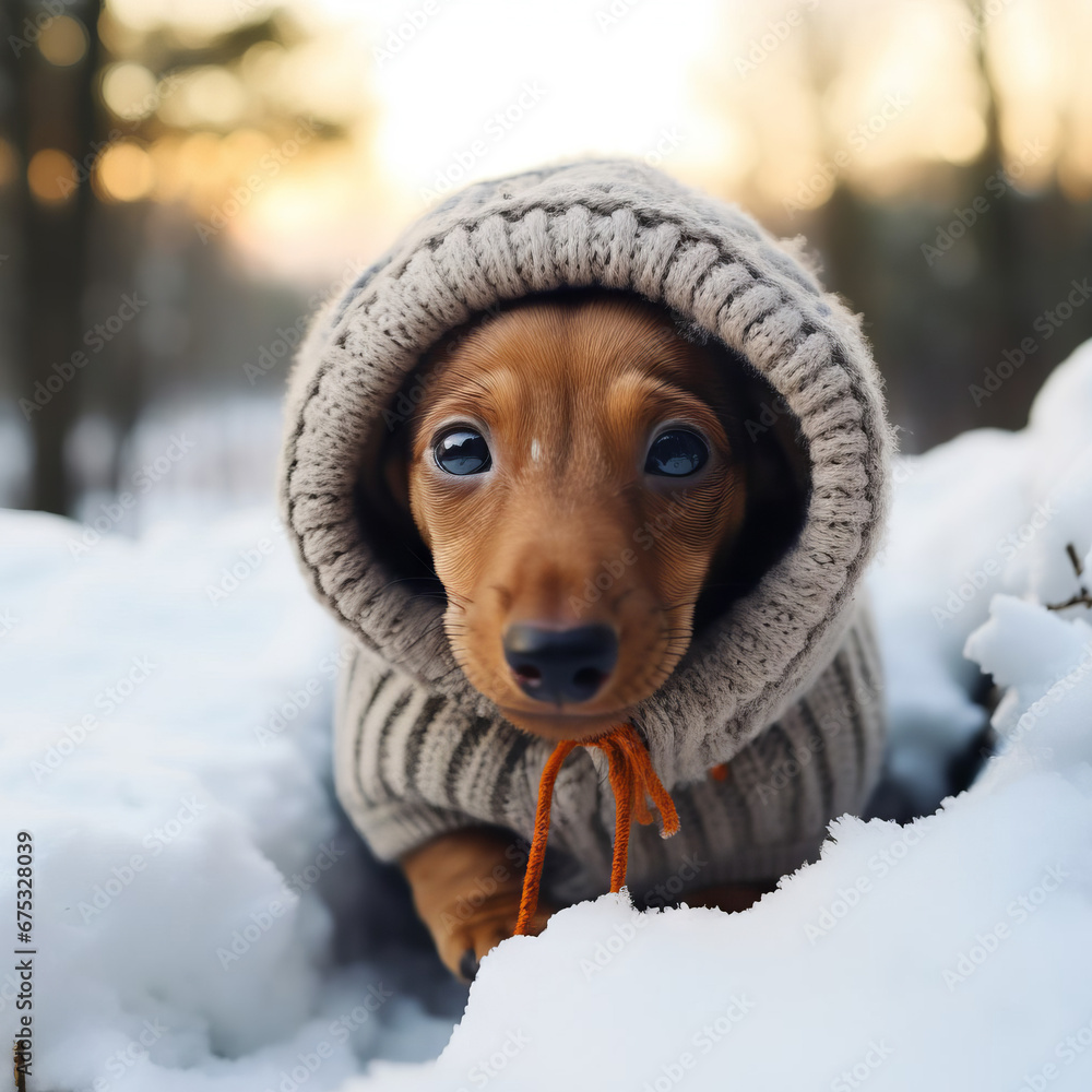Cute adorable portrait of dog puppies, winter time. Good natured look ...