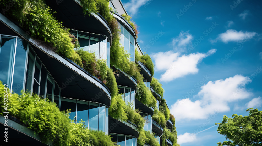 Eco-friendly building in the modern city. Sustainable glass office ...