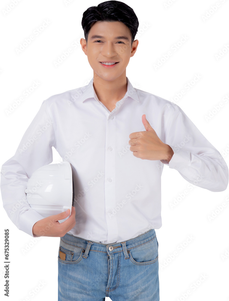 Portrait young asian man is engineer holding helmet smiling and thumbs ...