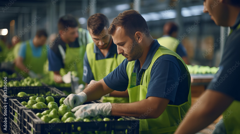 Workers in uniform packaging and labeling crates of fresh produce for ...