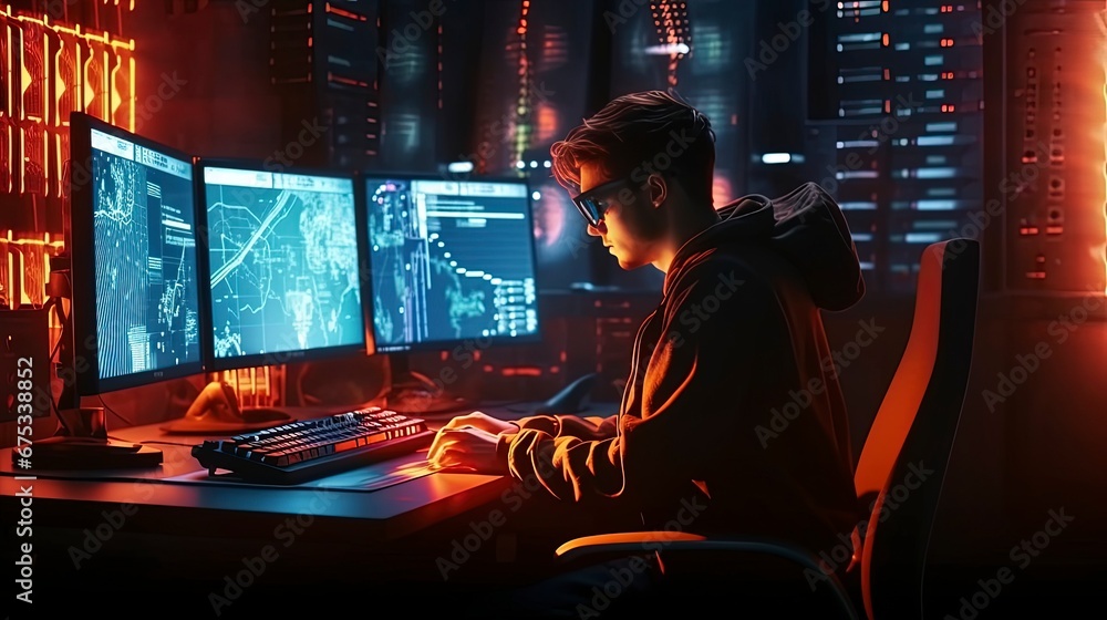 Smiling positive programmer working in the office of a software development company. Coding ...