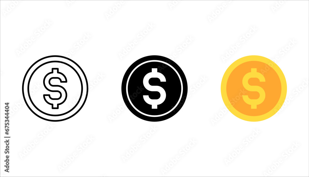 Gold coin flat icon set. Dollar coin. Coin with dollar sign. Money ...