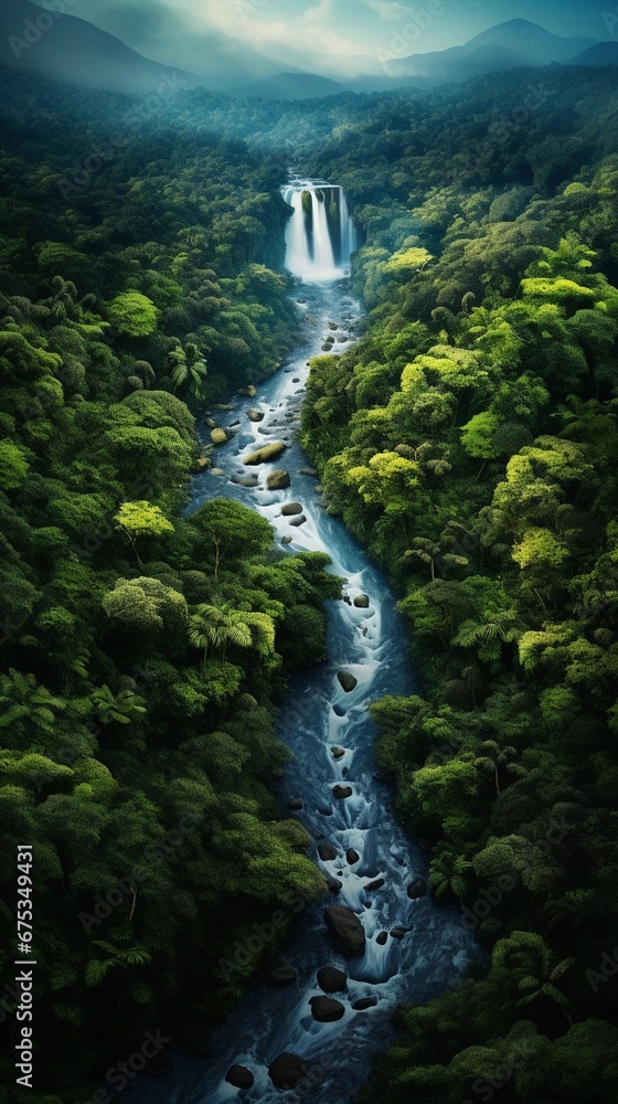 An aerial view of a lush, tropical rainforest canopy with winding ...