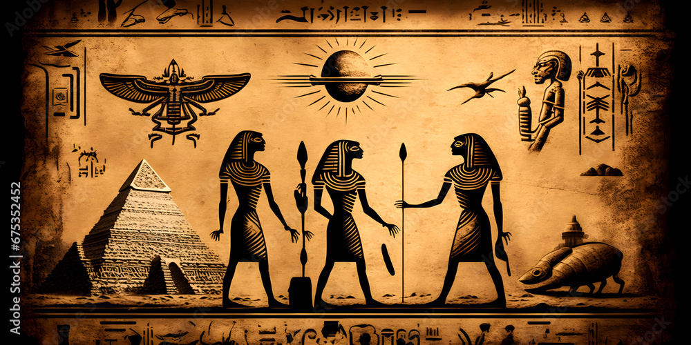 Egyptian hieroglyphs, Egypts people worship aliens UFO flying saucers. Generation AI. Stock ...