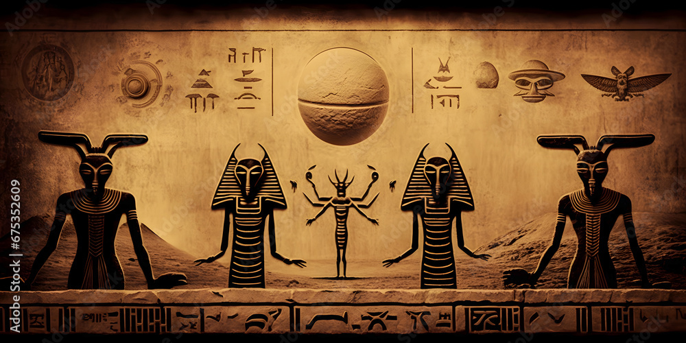 Egyptian hieroglyphs, Egypts people worship aliens UFO flying saucers. Generation AI. Stock ...