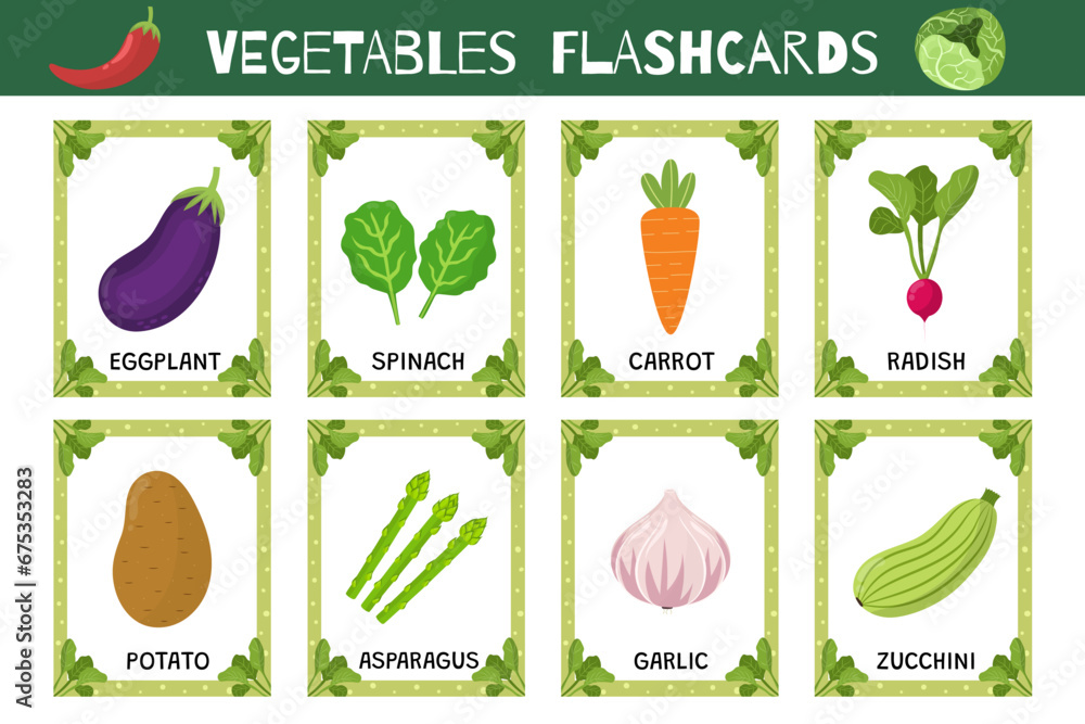 Vegetables flashcards set. Flash cards collection for practicing ...