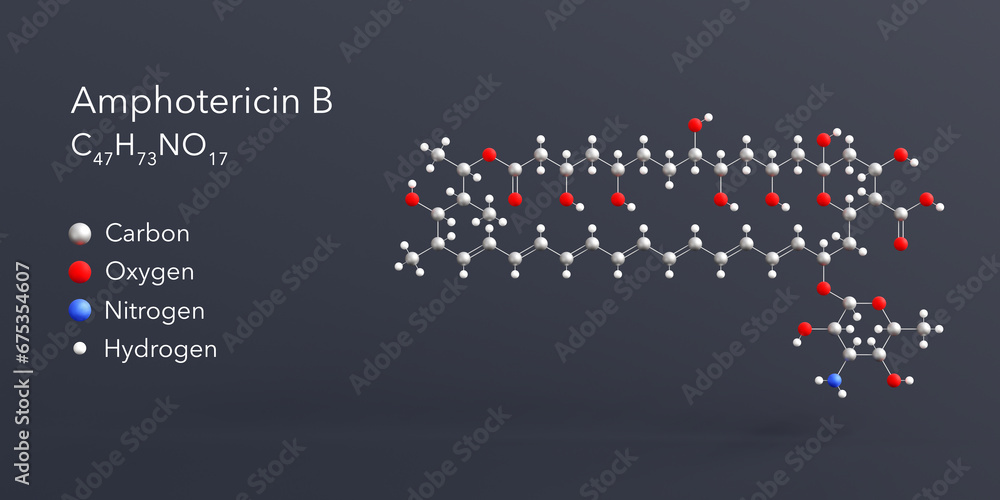 amphotericin b molecule 3d rendering, flat molecular structure with ...