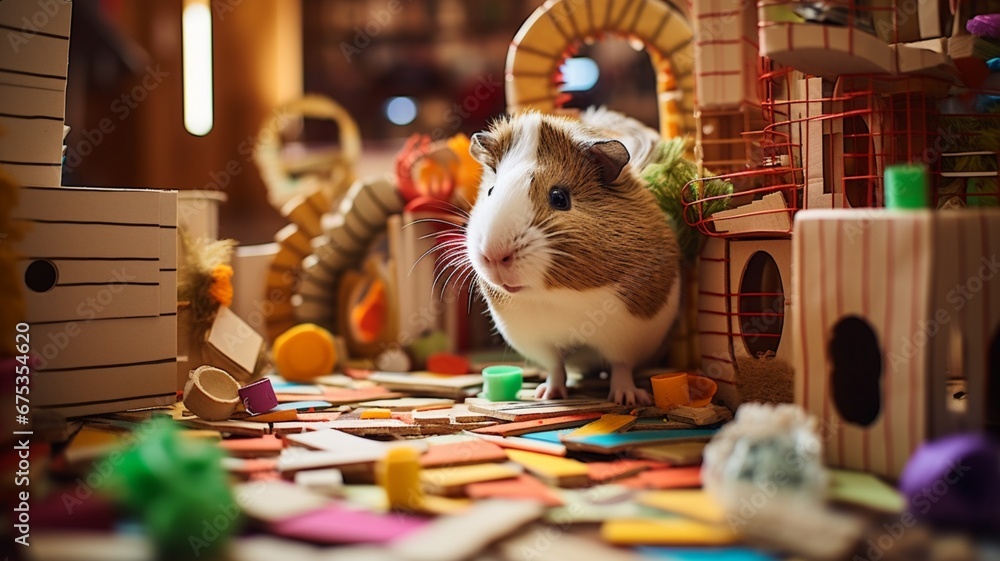 a pet guinea pig exploring a New Year maze made of cardboard, with ...