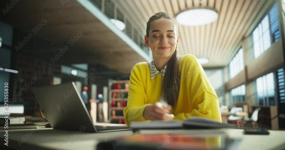 Happy Caucasian Female Student Working on Her Economics School Thesis ...