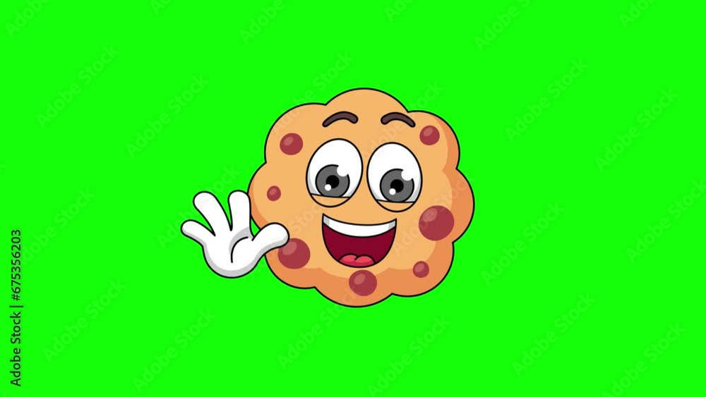Waving hand animation of a chocolate chip cookie cartoon, mascot ...