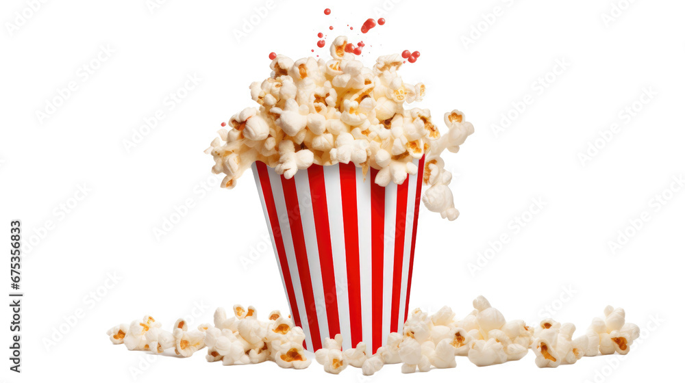 Popcorn flying out of red white striped paper cup isolated on ...