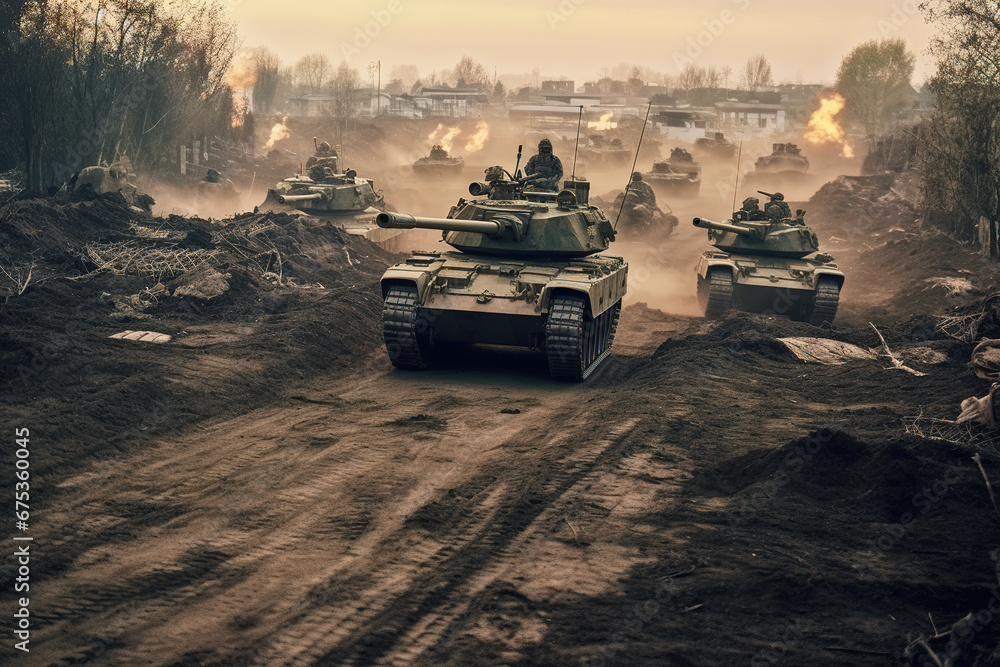 Group of main battle tanks with a city on fire on the background ...