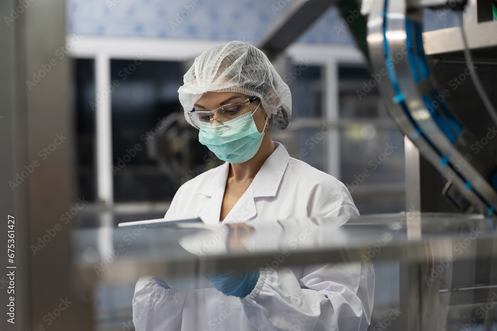 Female worker wearing uniform, hairnet and protective mask working ...