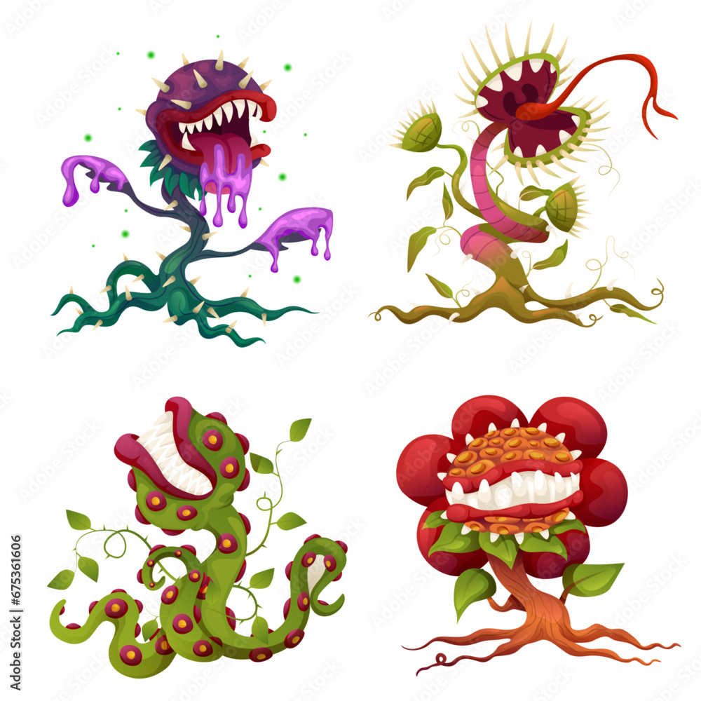 Carnivorous plant set, monster plants. Vector fantasy scary flower ...