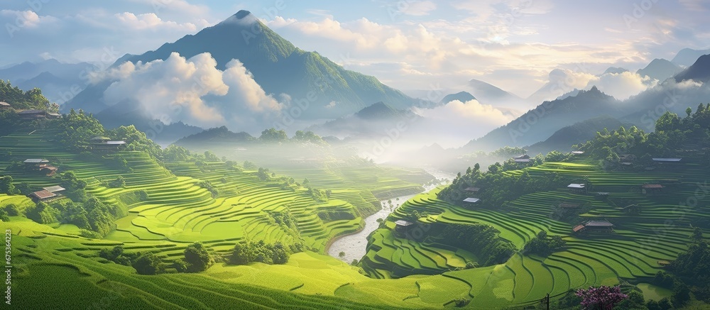 In the beautiful Asian countryside a colorful rice field stretches out as far as the eye can see ...