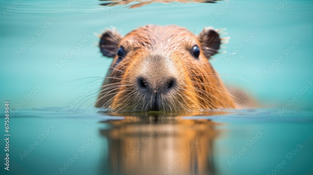 a close up of a beaver swimming in a body of water with its head above ...