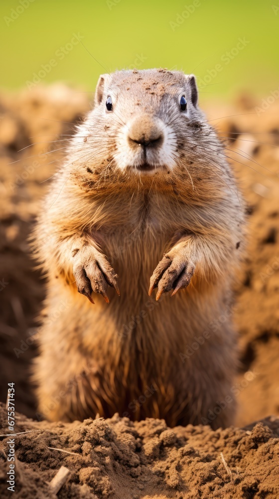 a groundhog standing on its hind legs in the dirt with its front paws ...