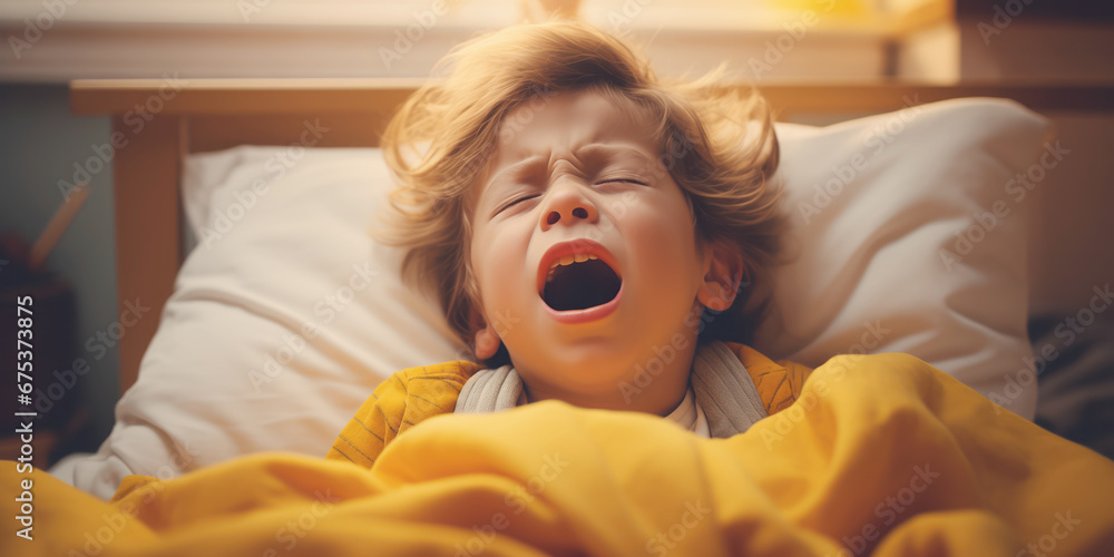 Little sick child crying in bed in bedroom. Stock Photo | Adobe Stock
