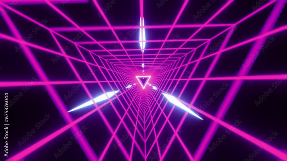 Seamless loop retro 1980s animation triangle grid synthwave tunnel ...