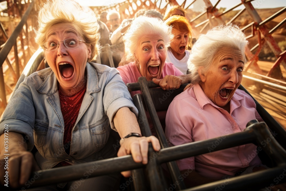 Group of senior people exciting and screaming on the roller coaster ...