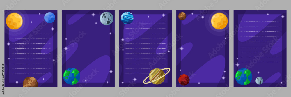 Vertical sheets for space-style notes. Outer space and planets. Design ...
