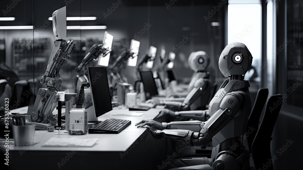 Group of white robot humanoids working in the office or factory ...