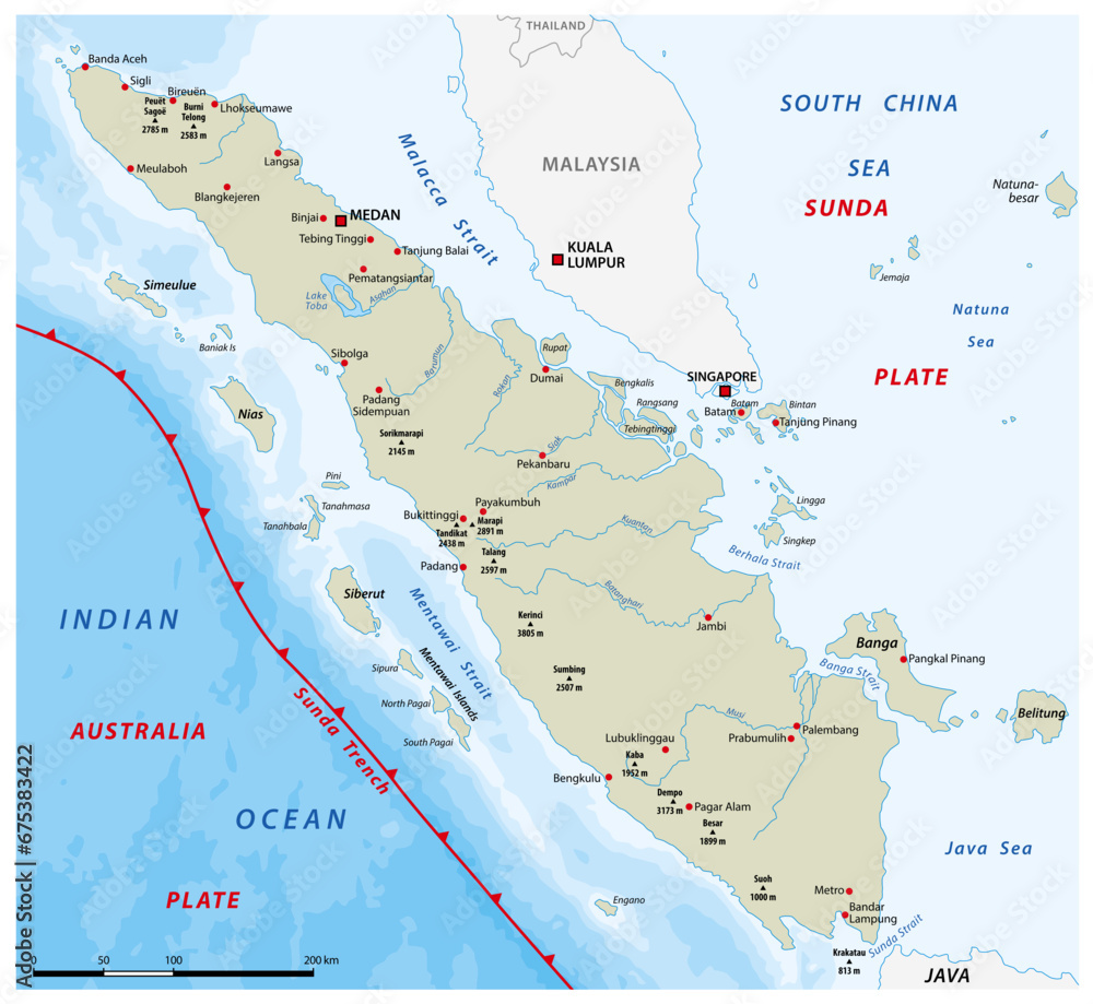 Map of the Sunda Trench off the west coast of Sumatra, Indonesia Stock ...