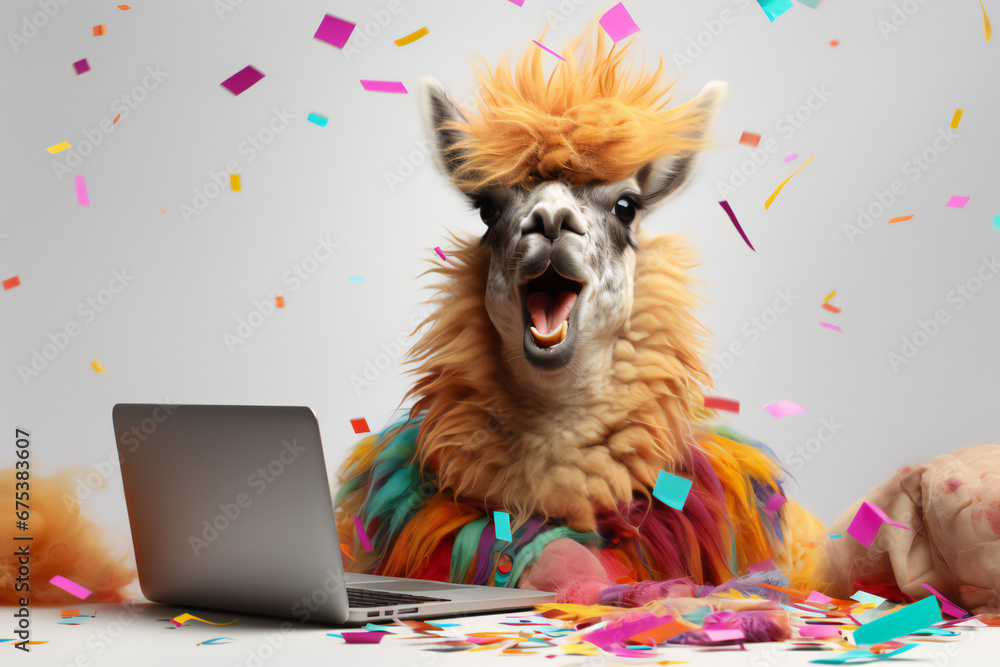 Lama with a banner, laptop. happy online shopping. colourful confetti ...
