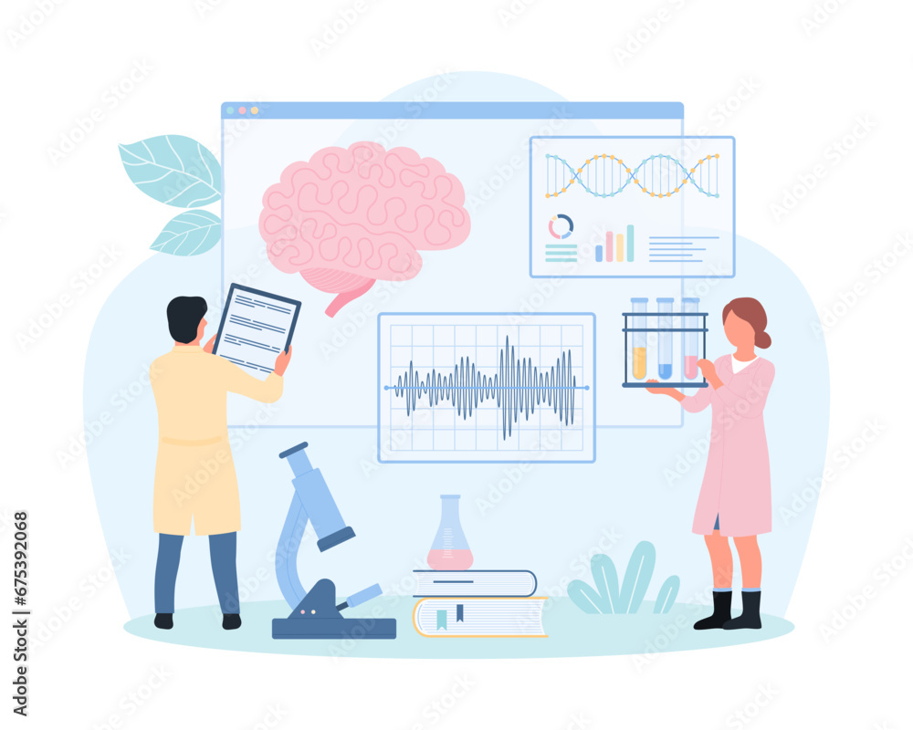 Medical brain study, neurology vector illustration. Cartoon tiny people ...