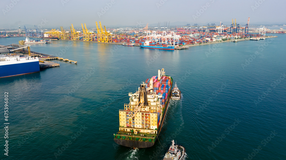 back view container ship in sea and commercial shipping port load and ...