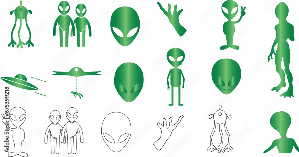 gradient green Alien vector illustration set, showcasing ...