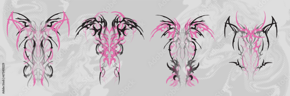 Neo tribal tattoo set, gothic cyber body ornament shapes kit, vector ...