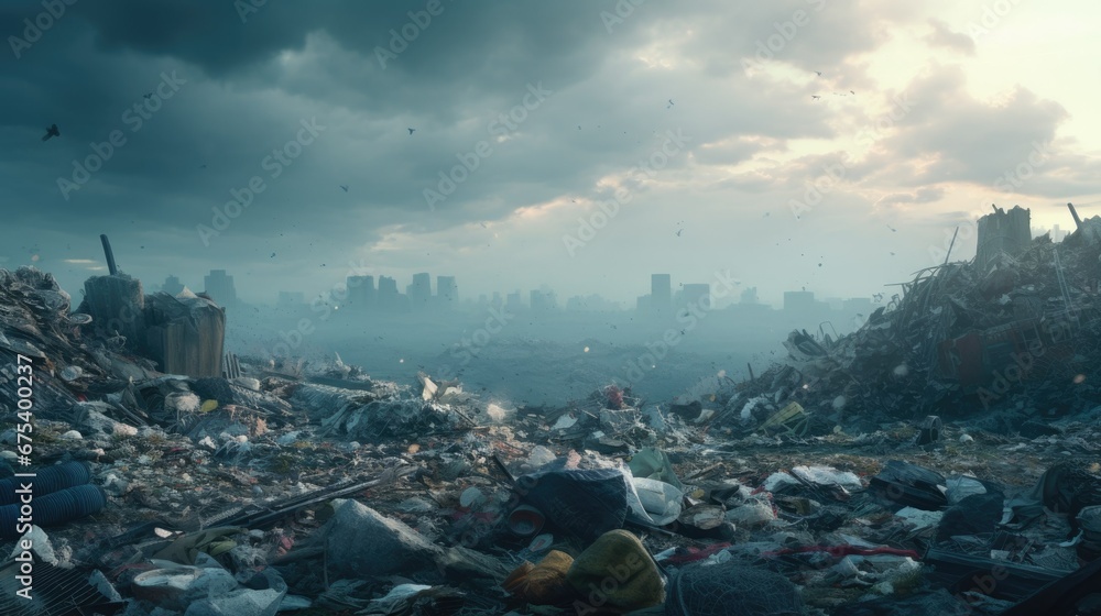 Polluted city with plastic waste. Environment pollution concept. Nature ...