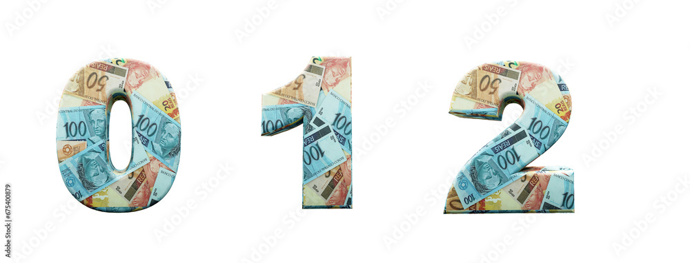 Brazil money alphabet. Numbers 0, 1, 2 formed with bills of 20, 50 and ...
