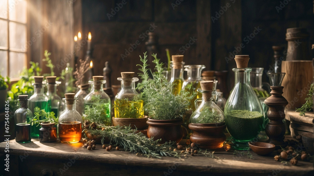 Ancient medieval laboratory, preparing a healing potion, bunches of ...