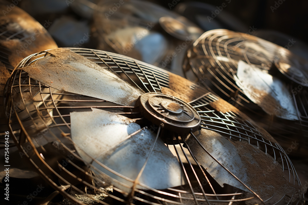 Fan blades coated with a thick layer of dust are shown before cleaning ...